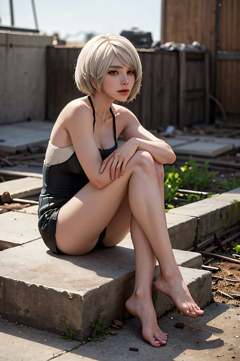 Blond haired woman sitting on steps with bare feet and bare legs - SeaArt AI