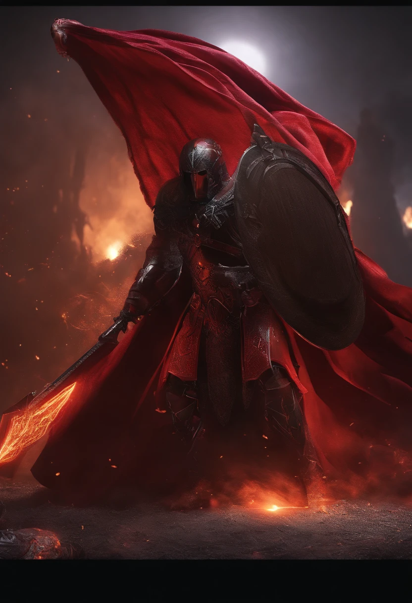 A man in armor holding a shield and a sword in a dark room - SeaArt AI