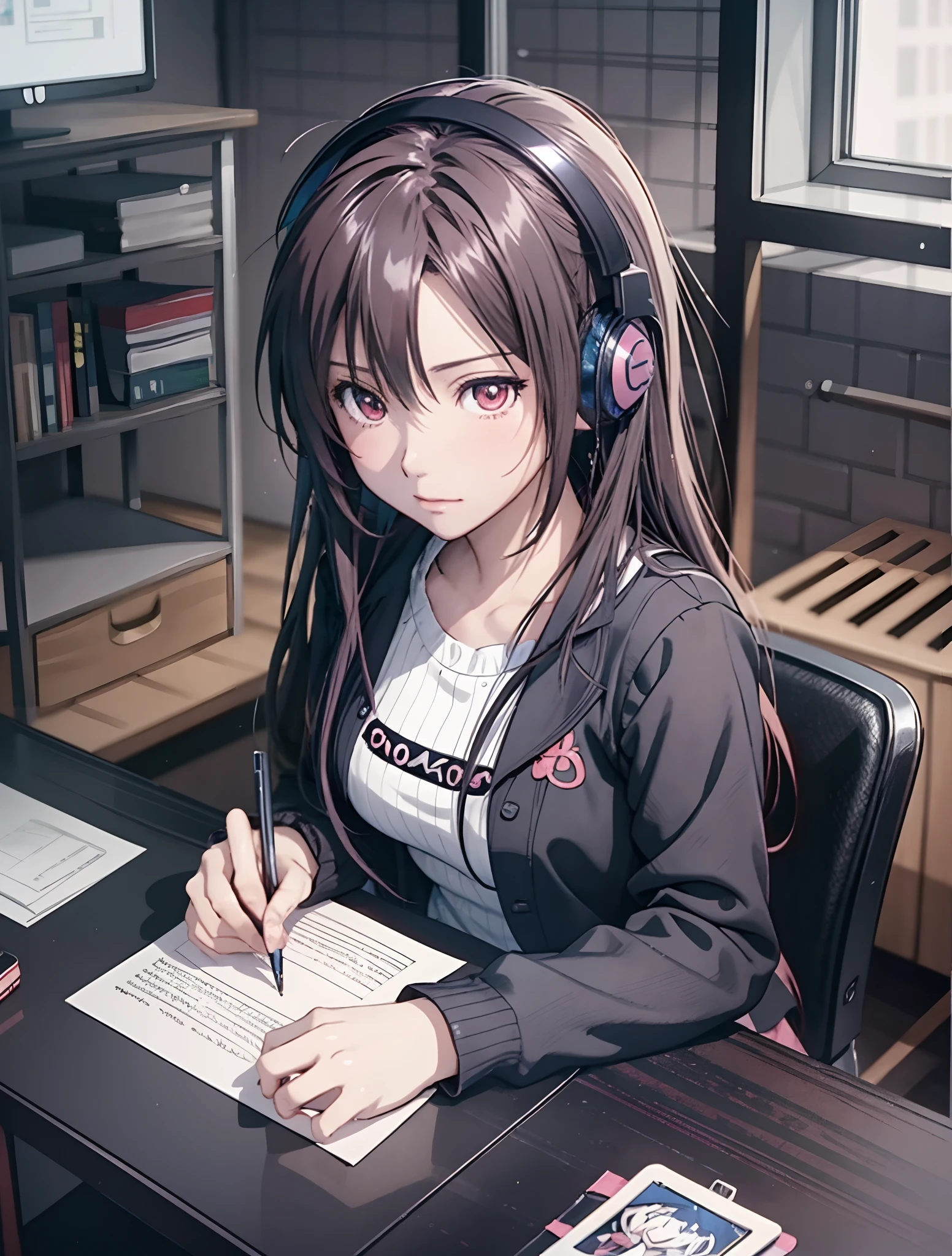 Anime girl with headphones writing in a notebook at a desk - SeaArt AI