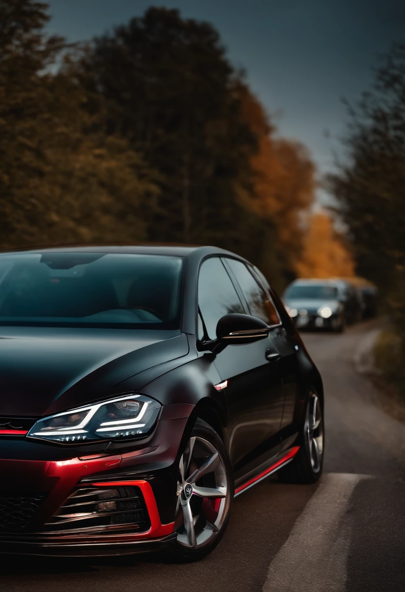 A close up of a black volkswagen golf gtr driving down a road - SeaArt AI