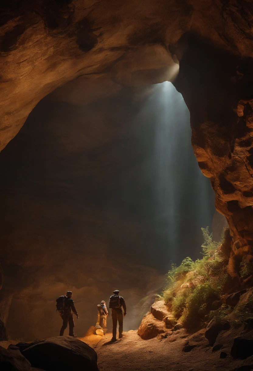 Three people are standing in a cave with a light coming out - SeaArt AI