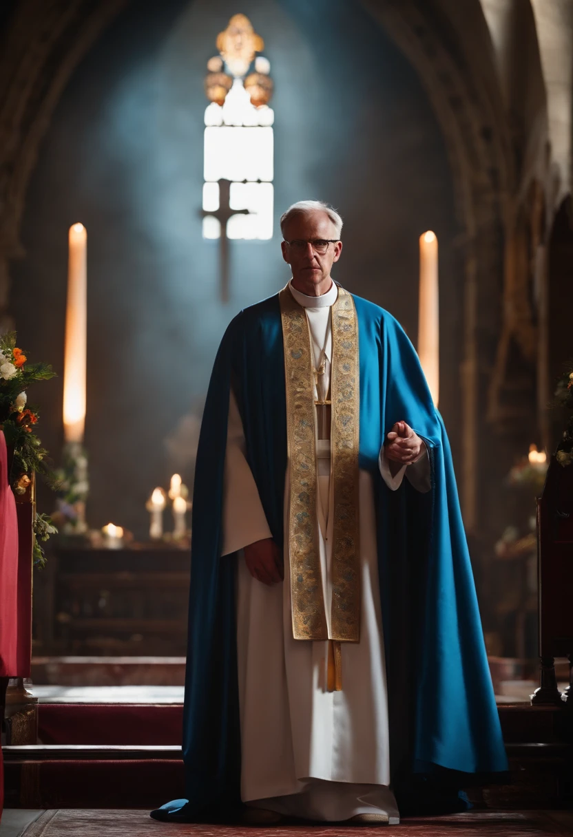 A man in a blue robe standing in a church - SeaArt AI
