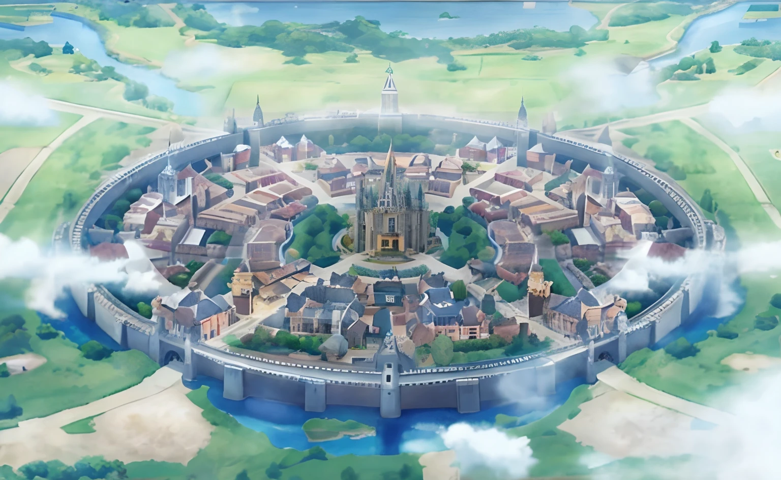 Arafed view of a city surrounded by clouds and water - SeaArt AI