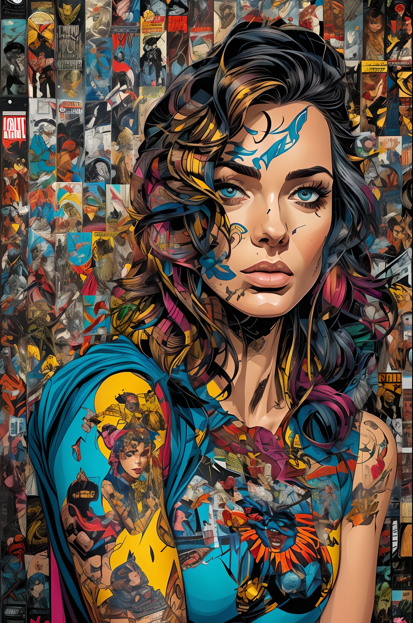A woman with tattoos and a blue dress is surrounded by comics - SeaArt AI