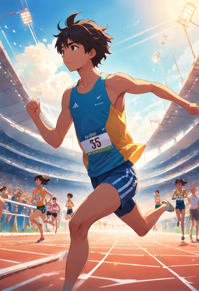 A cartoon image of a man running on a track in a stadium - SeaArt AI