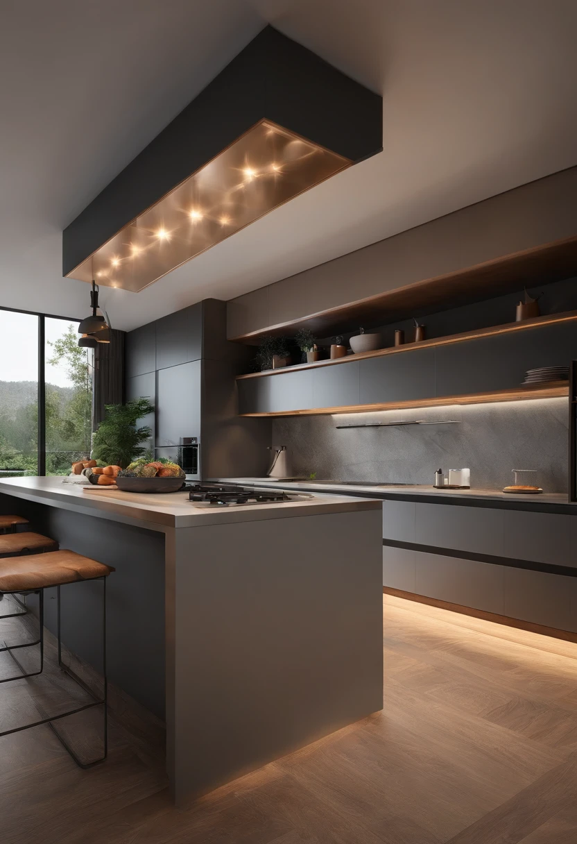 A close up of a kitchen with a counter and a bar - SeaArt AI