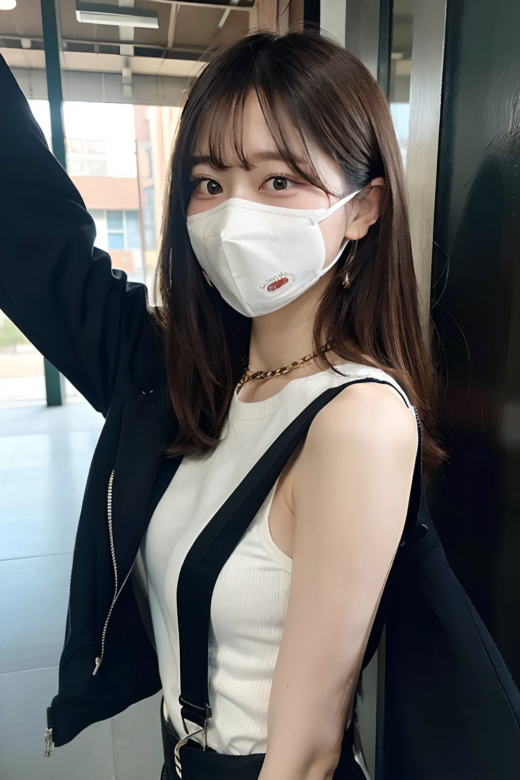 A woman wearing a face mask and a black jacket - SeaArt AI