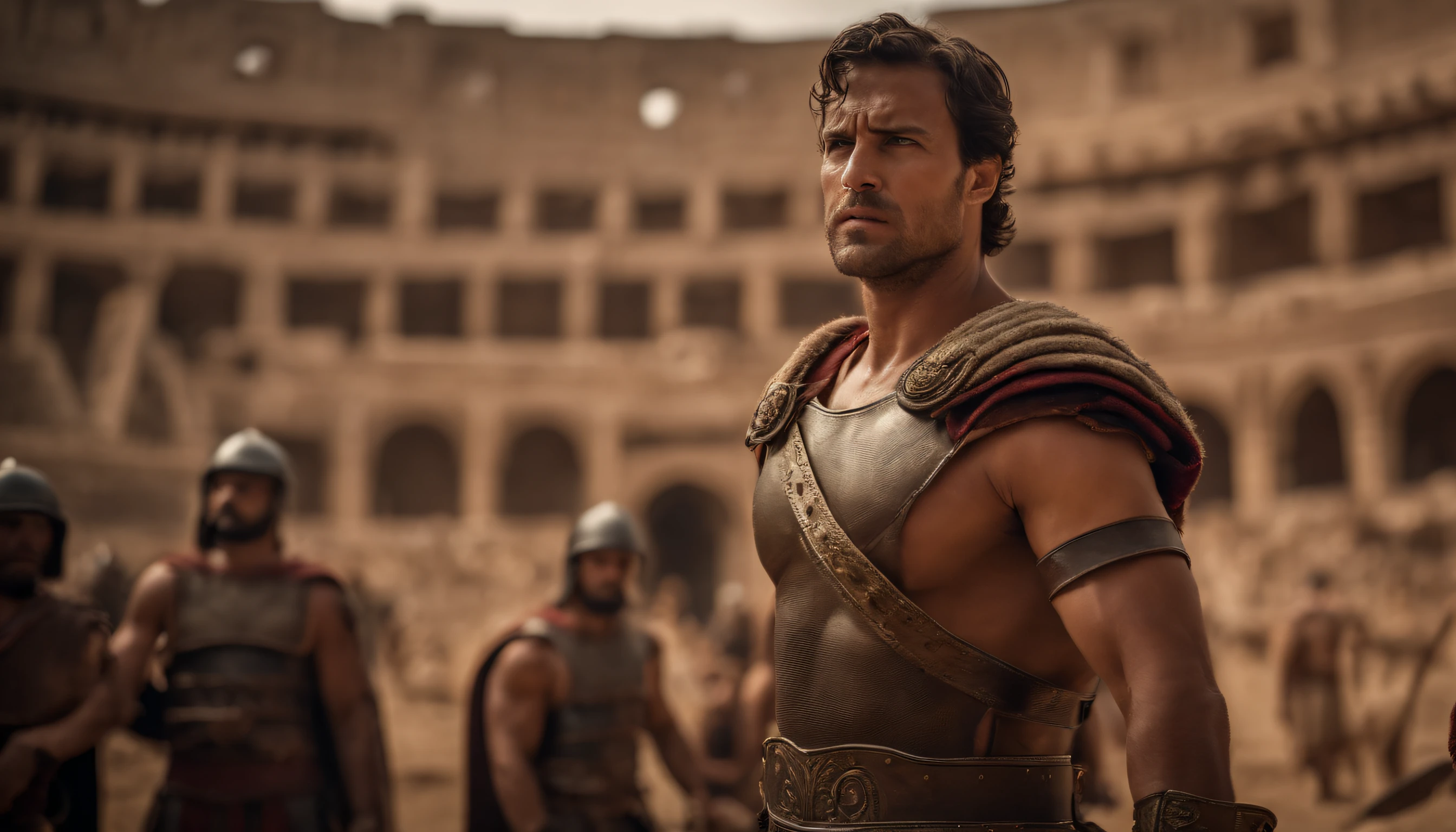 A man in a gladia outfit stands in front of a crowd of men - SeaArt AI