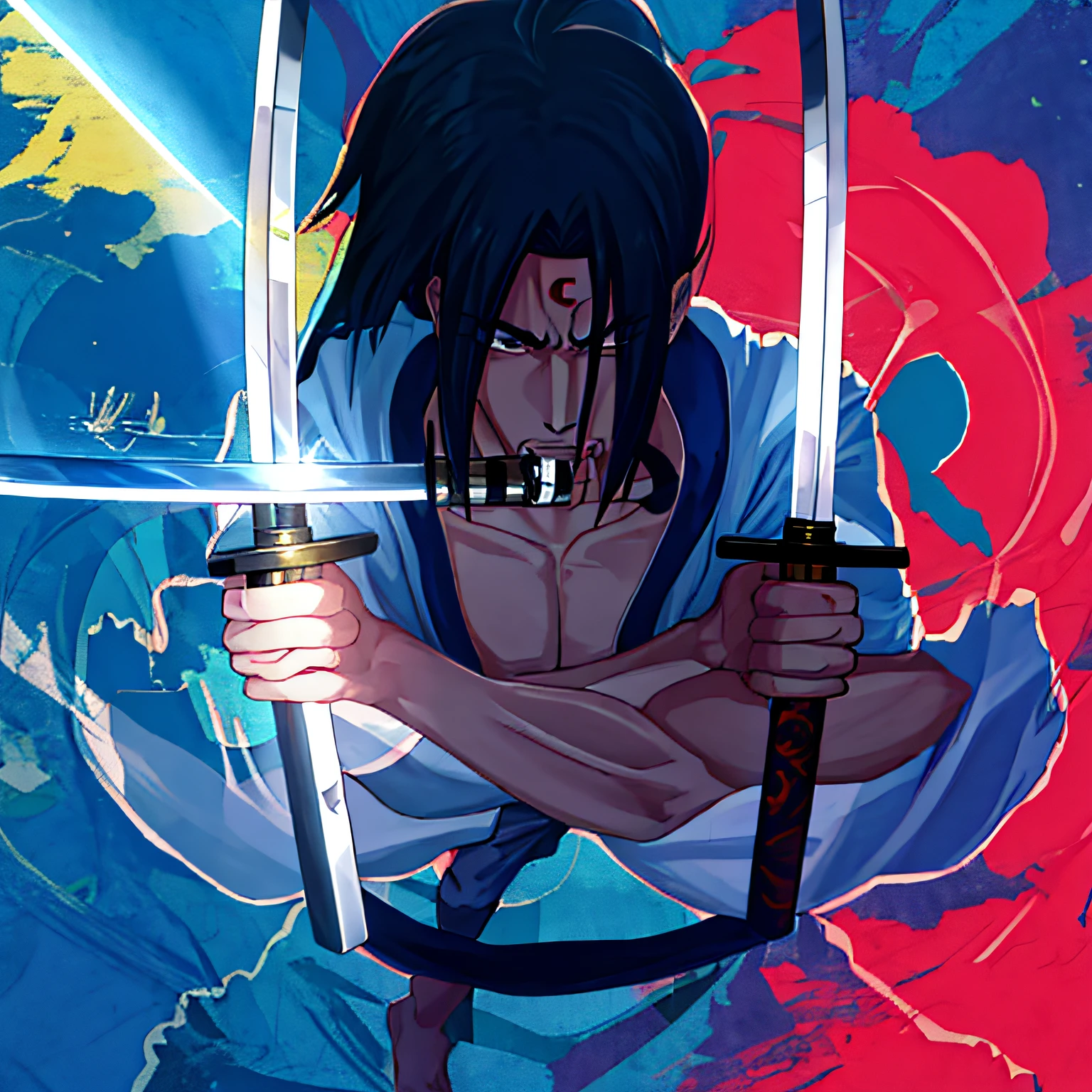 Anime character holding two swords in front of a colorful background ...