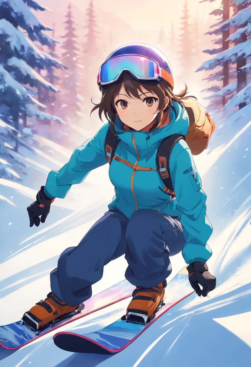 Anime girl snowboarding down a snowy hill with trees in the background ...