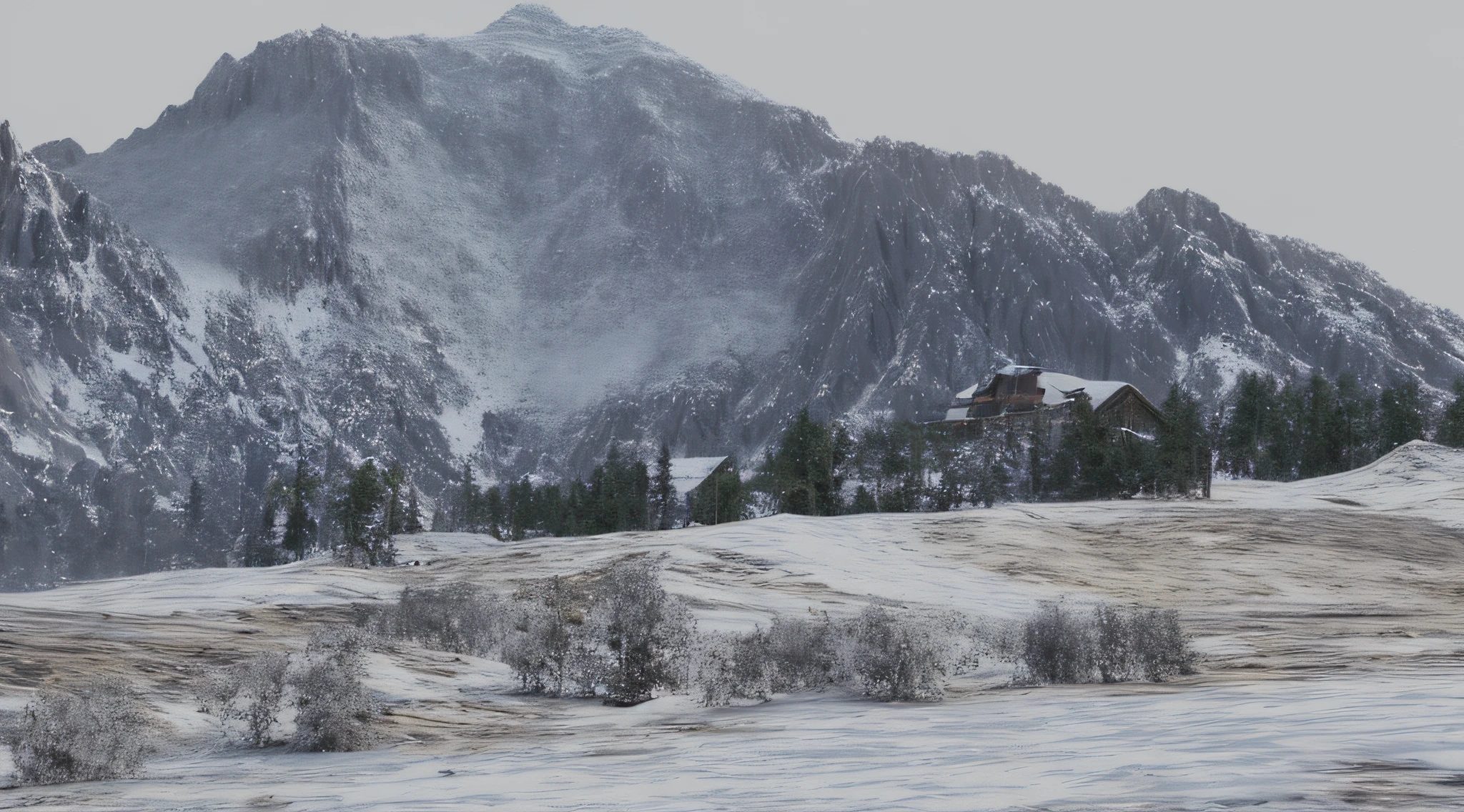 Snowy mountain with a house in the middle of it - SeaArt AI