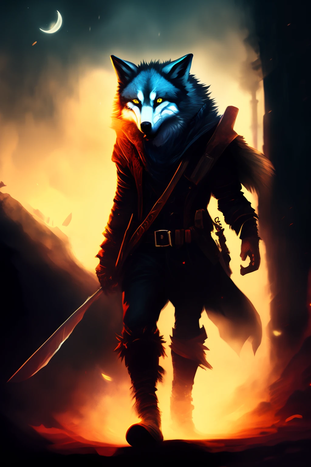 A wolf with a sword and a red cloak stands in front of a full moon ...