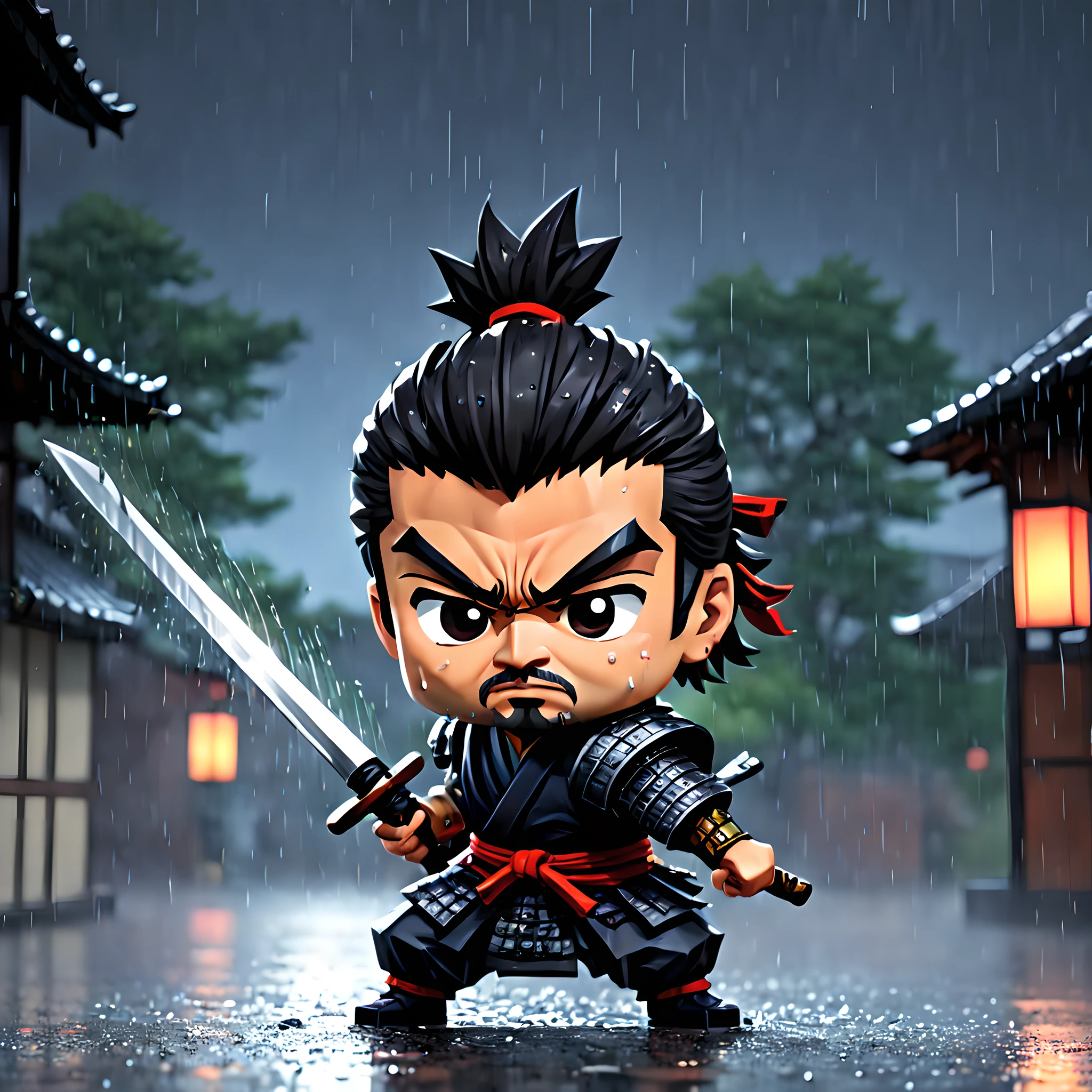 Cartoon character of a man with a sword in the rain - SeaArt AI