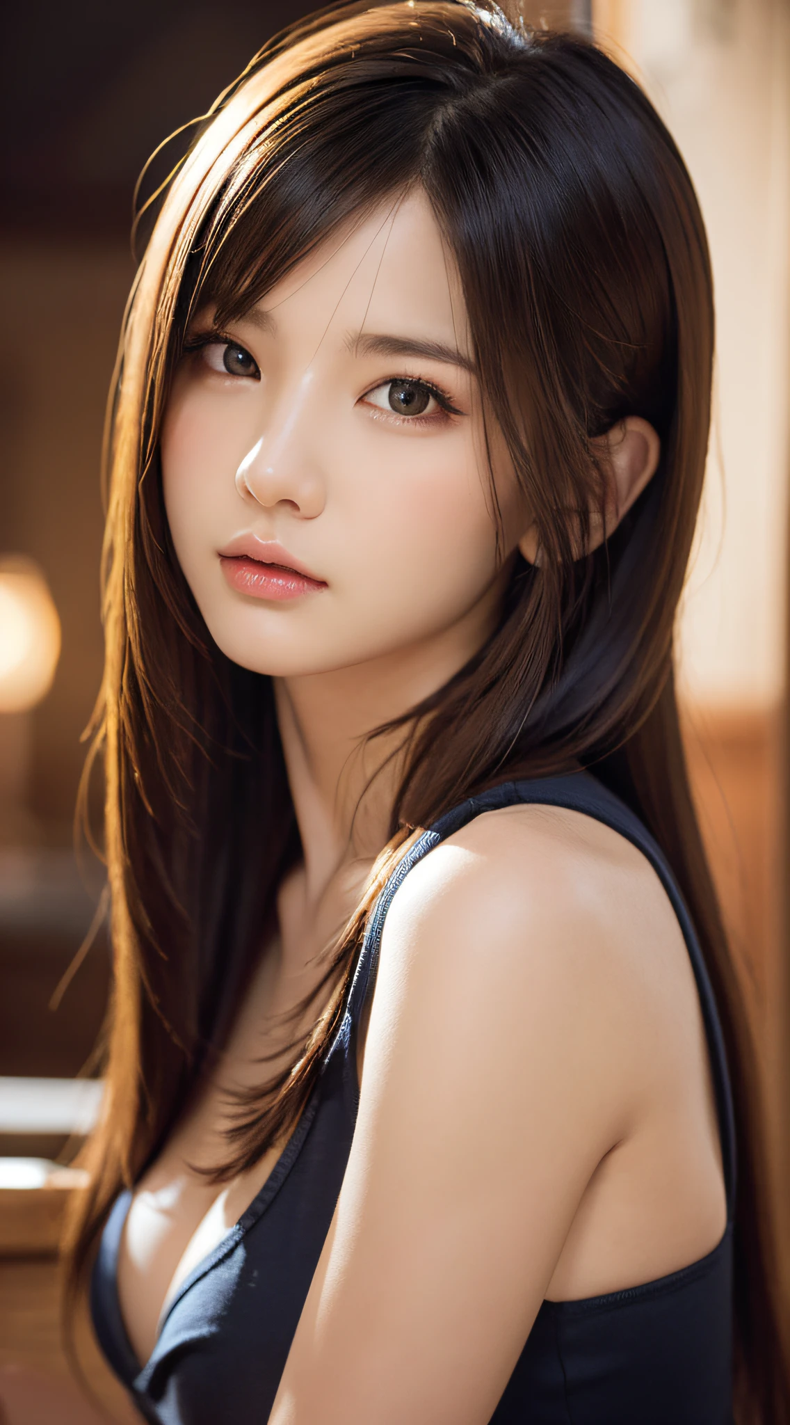 A woman with long hair and a black top posing for a picture - SeaArt AI