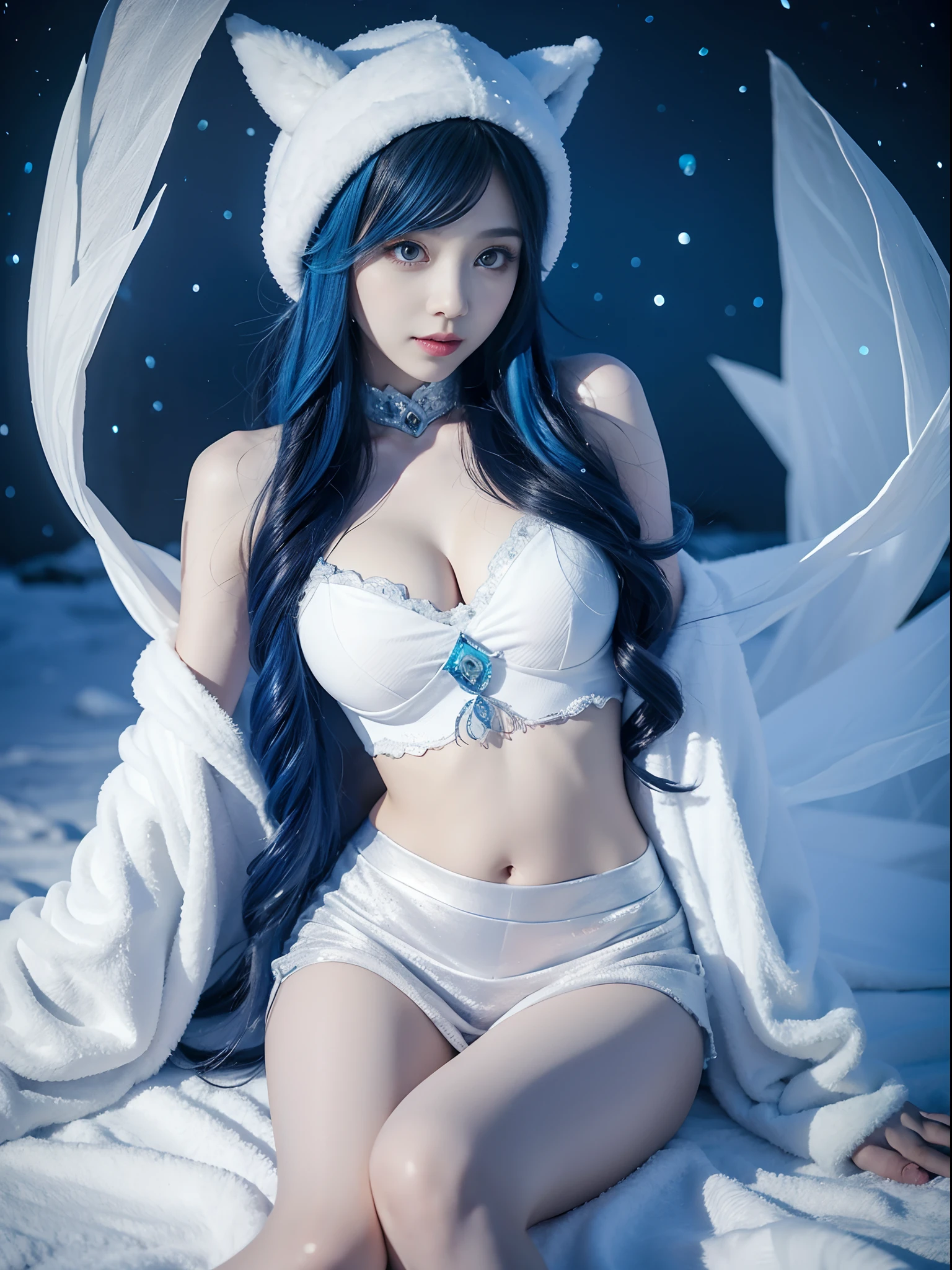 Arafed woman in white lingerie and cat ears sitting on a bed - SeaArt AI