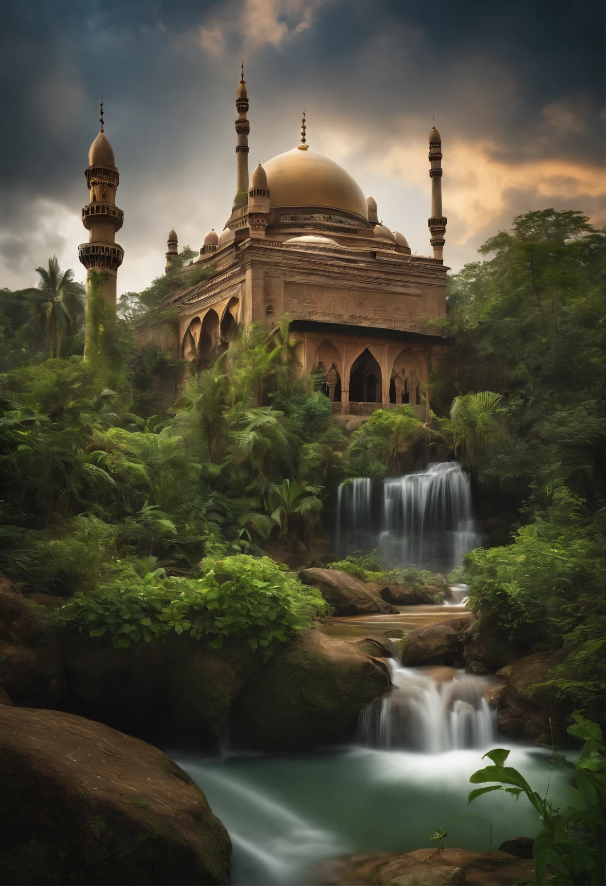 Arafed view of a mosque in a tropical setting with a waterfall - SeaArt AI