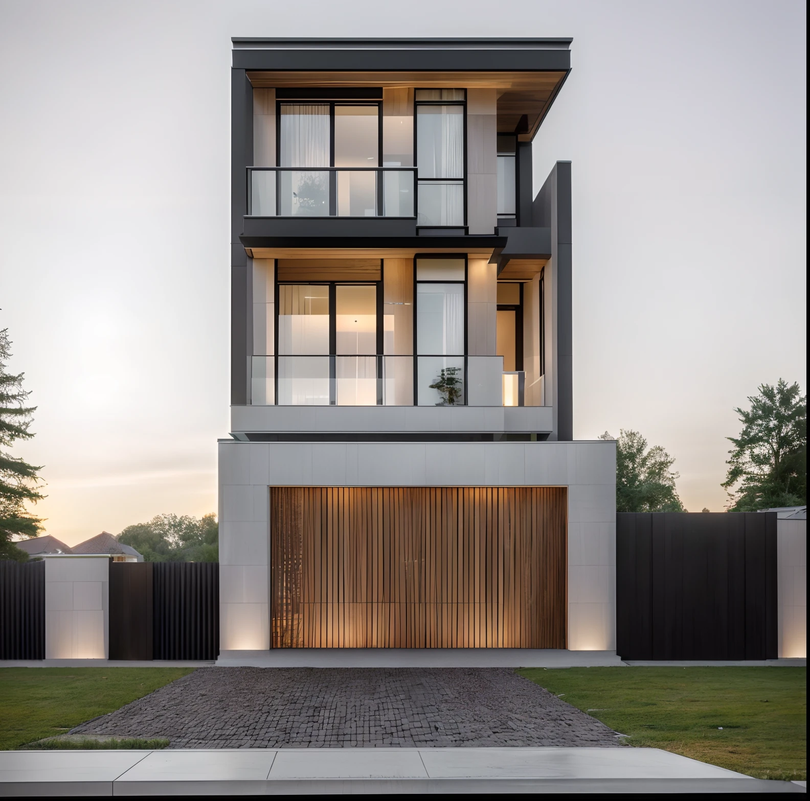 A modern house with a large garage and a wooden door - SeaArt AI