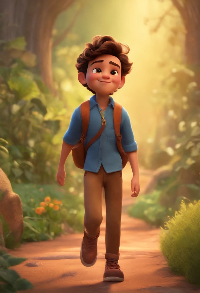 A cartoon boy walking down a path in the woods - SeaArt AI