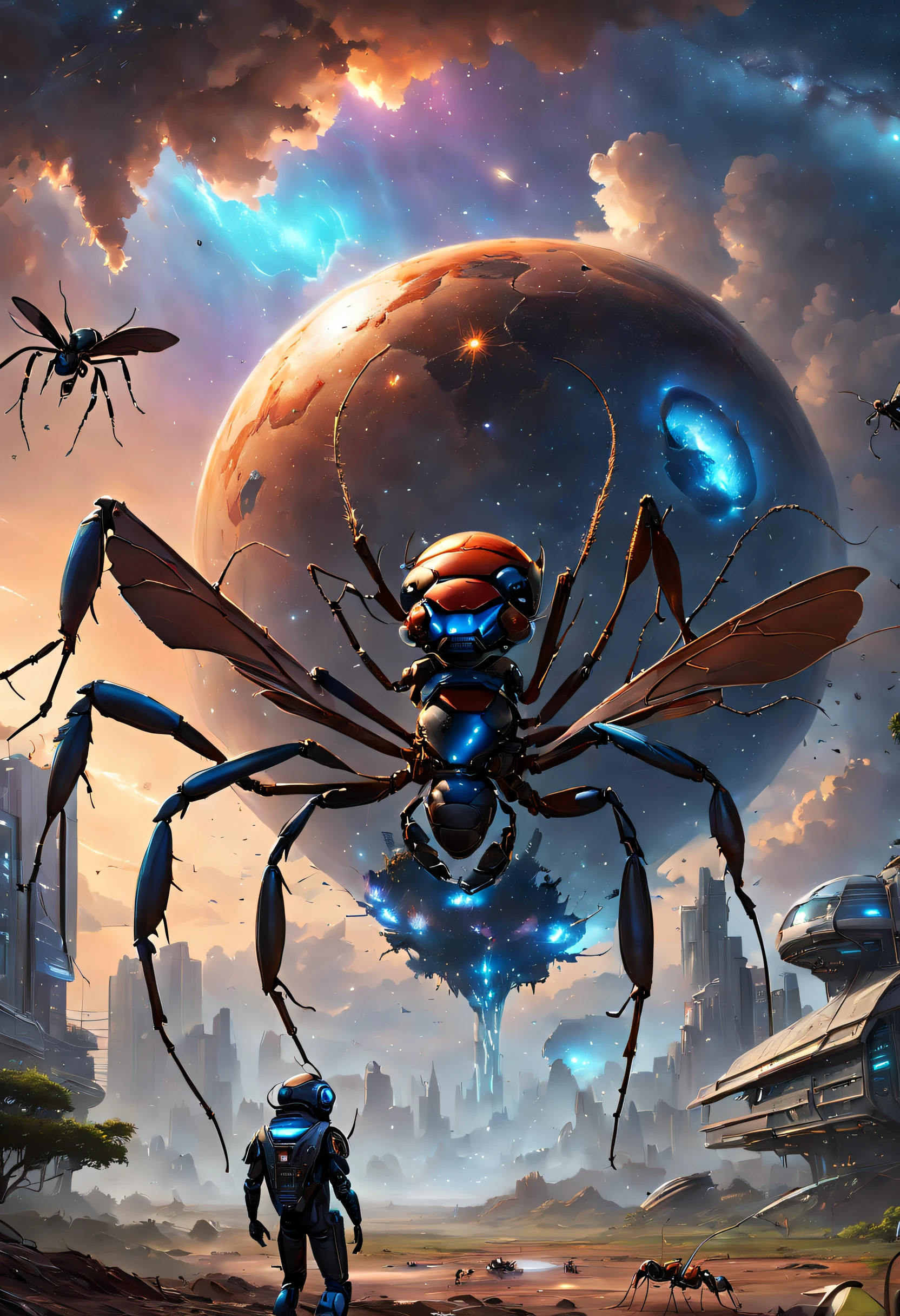 A man standing in front of a giant spider with a giant planet in the ...