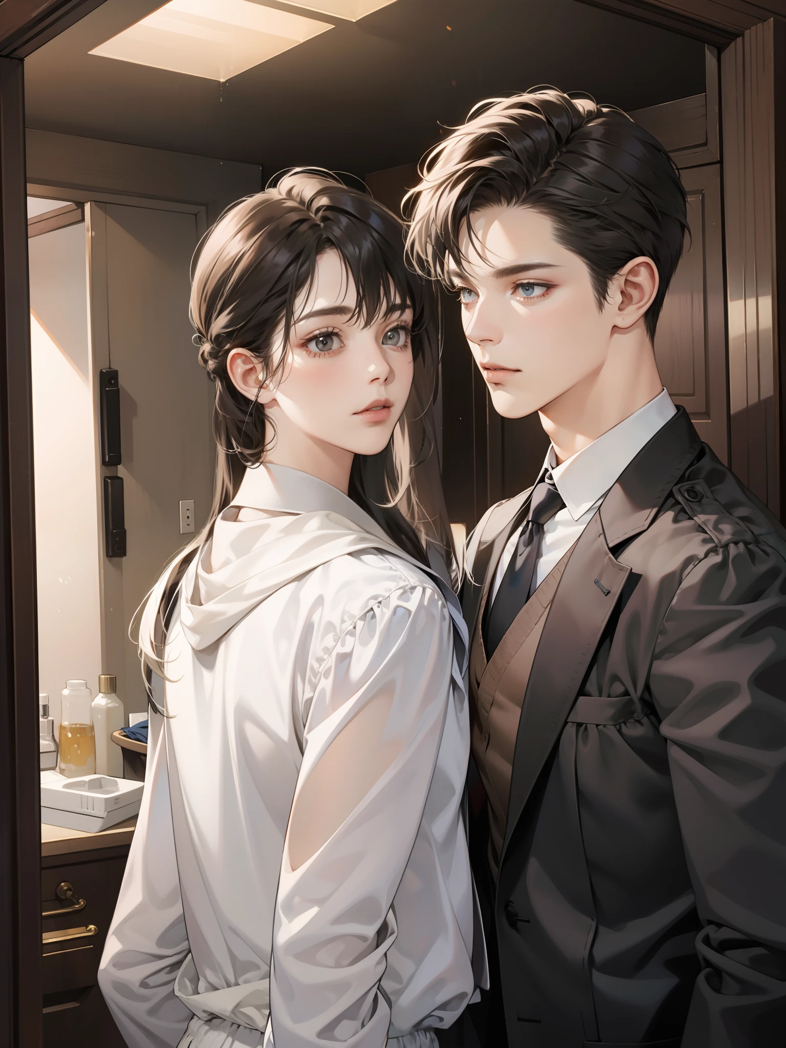Anime couple in a bathroom with a mirror and a sink - SeaArt AI