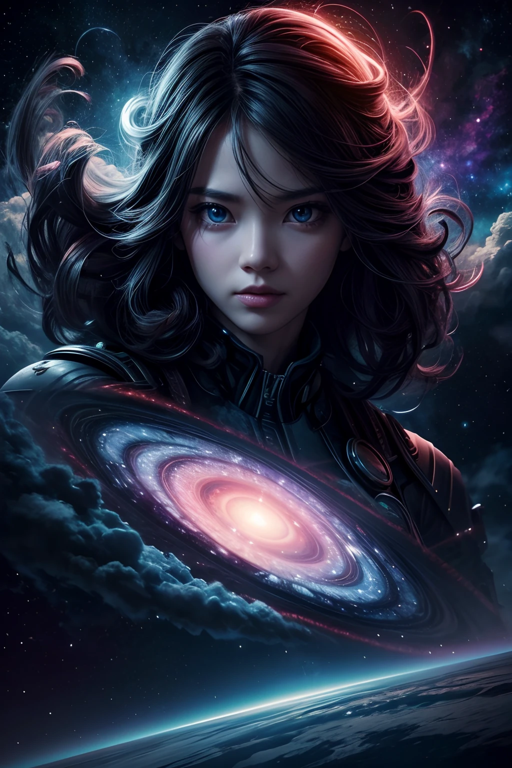 A woman with long hair and a black jacket is looking at a spiral galaxy ...