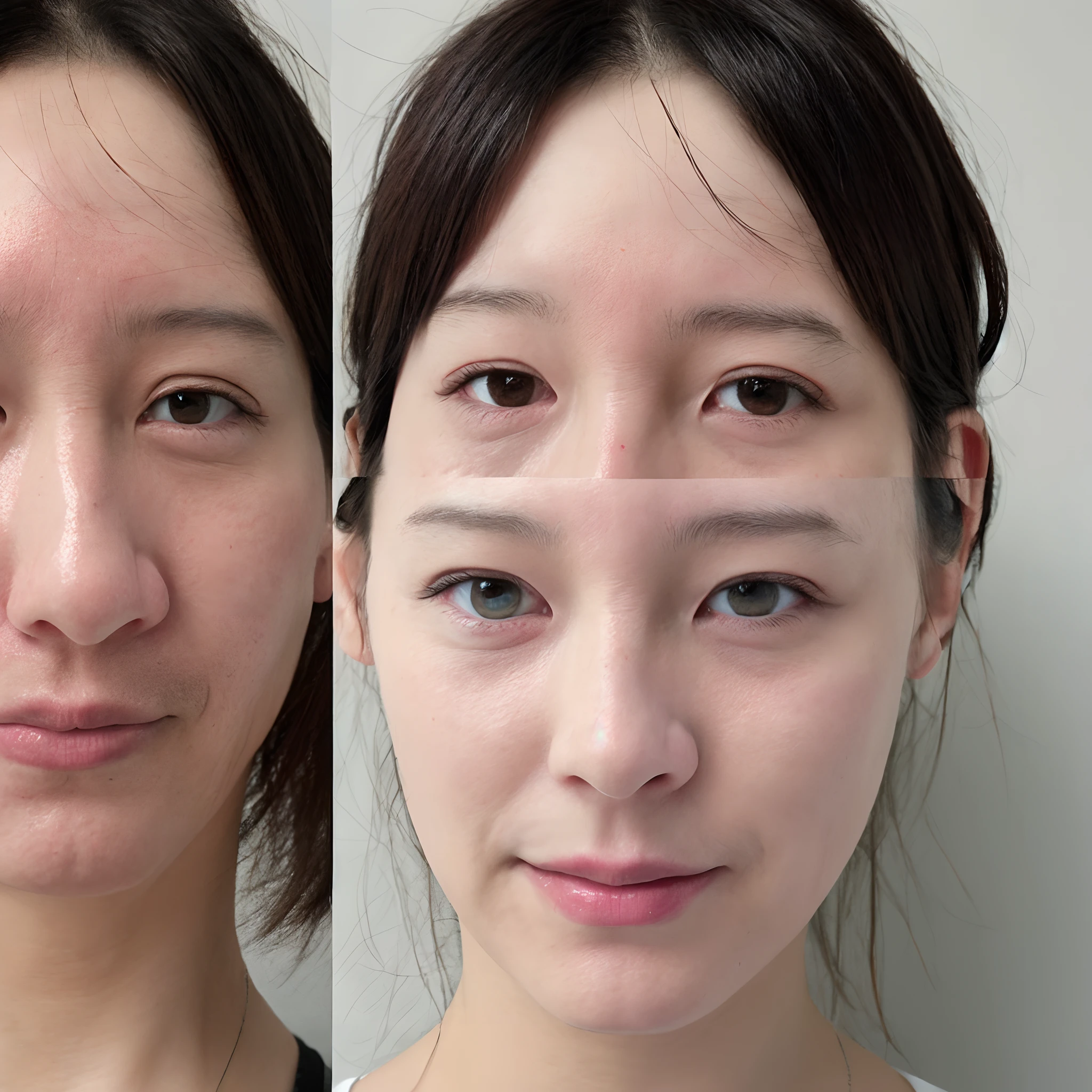 A close up of two photos of a woman with a cross on her forehead ...