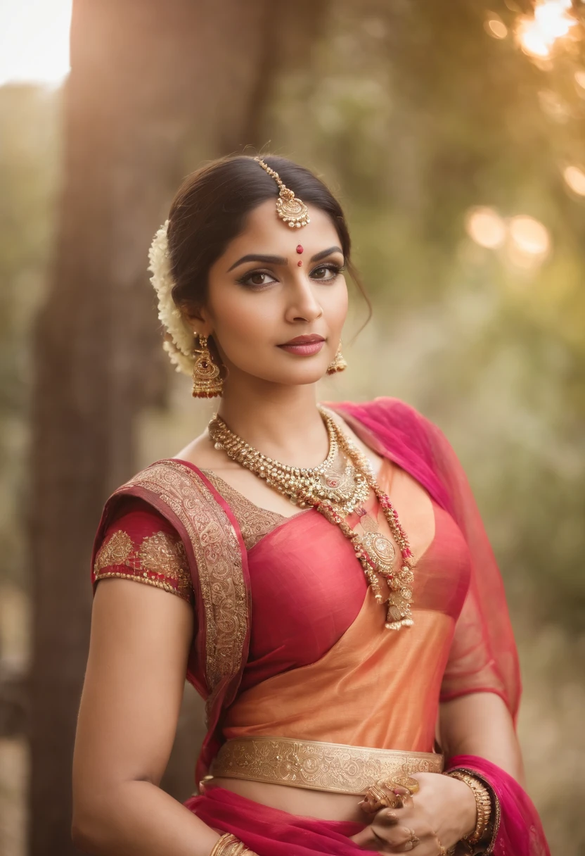 A woman in a red and orange sari poses for a photo - SeaArt AI