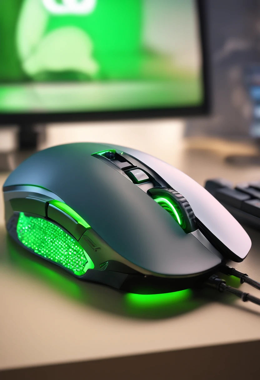 There is a computer mouse sitting on a desk with a monitor - SeaArt AI