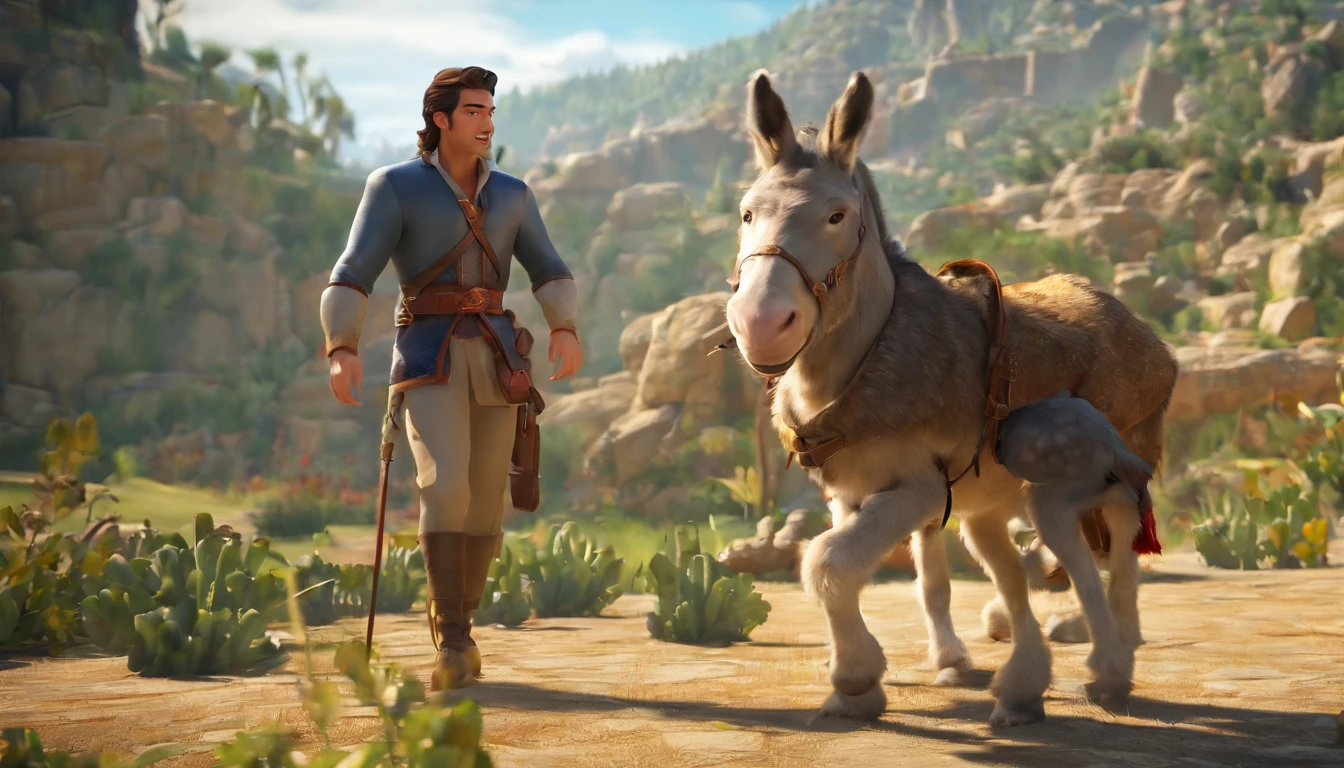 A close up of a donkey and a man walking in a field - SeaArt AI