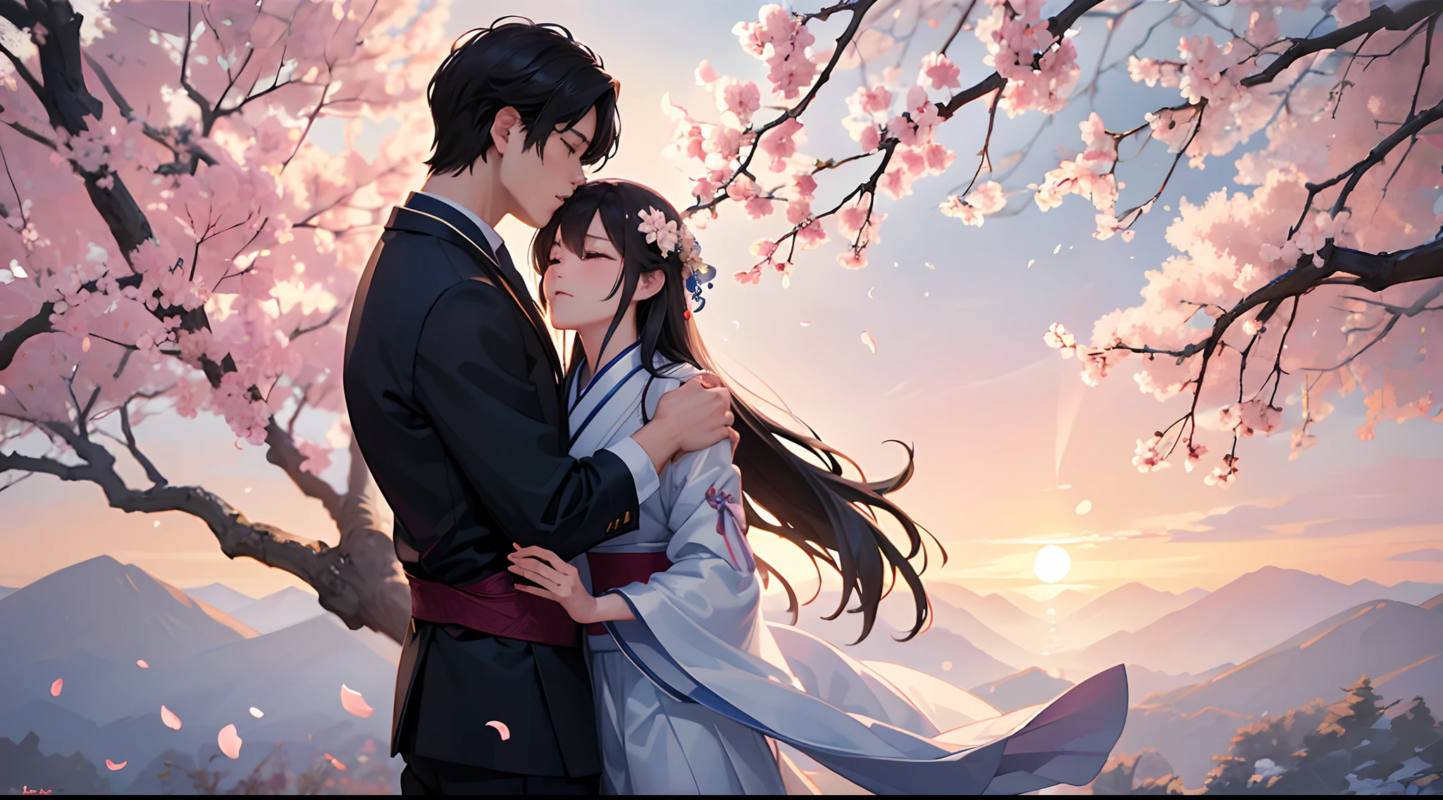 Anime couple in love under cherry blossom tree in the mountains - SeaArt AI