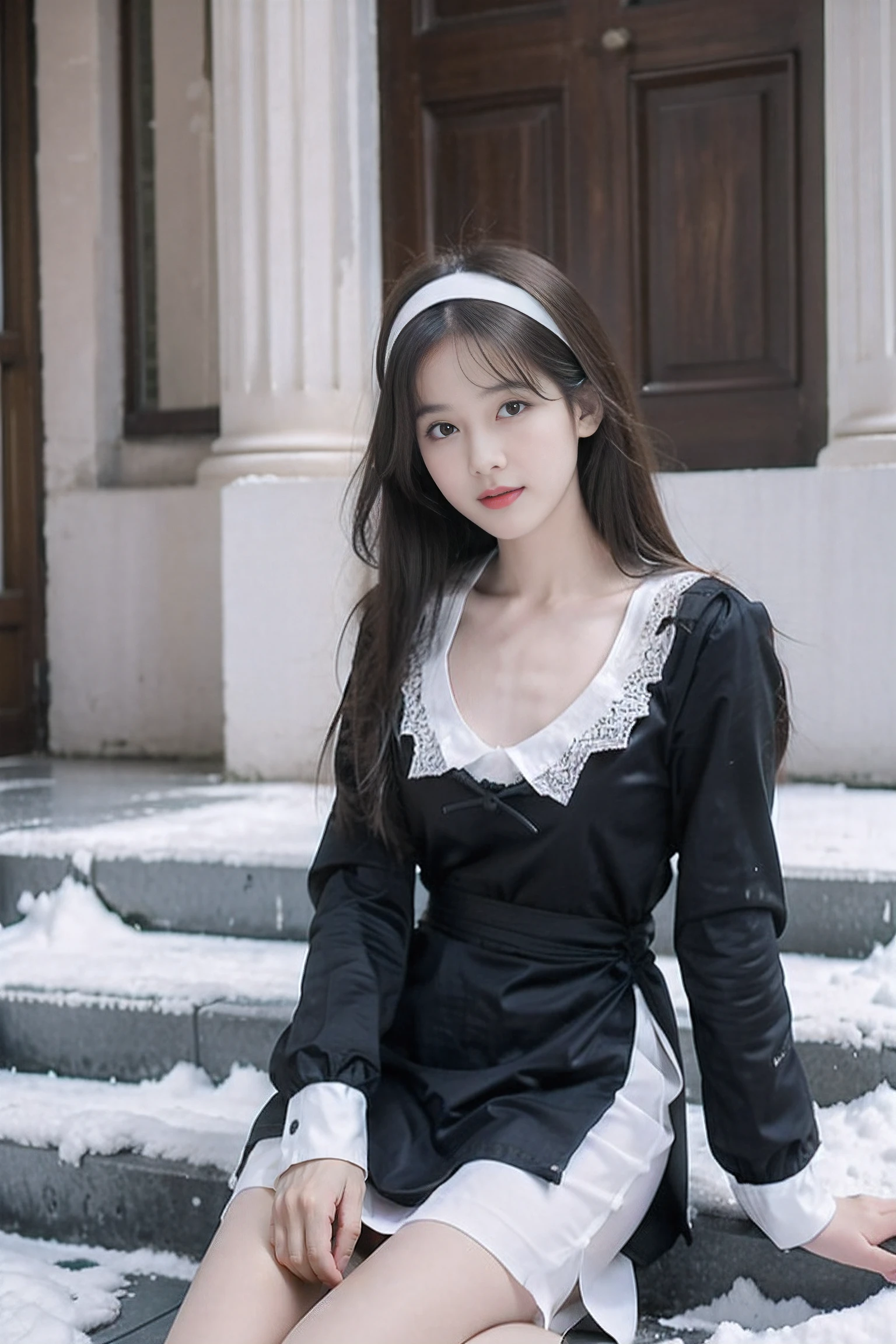 Araffe sitting on the steps of a building in a black and white dress ...