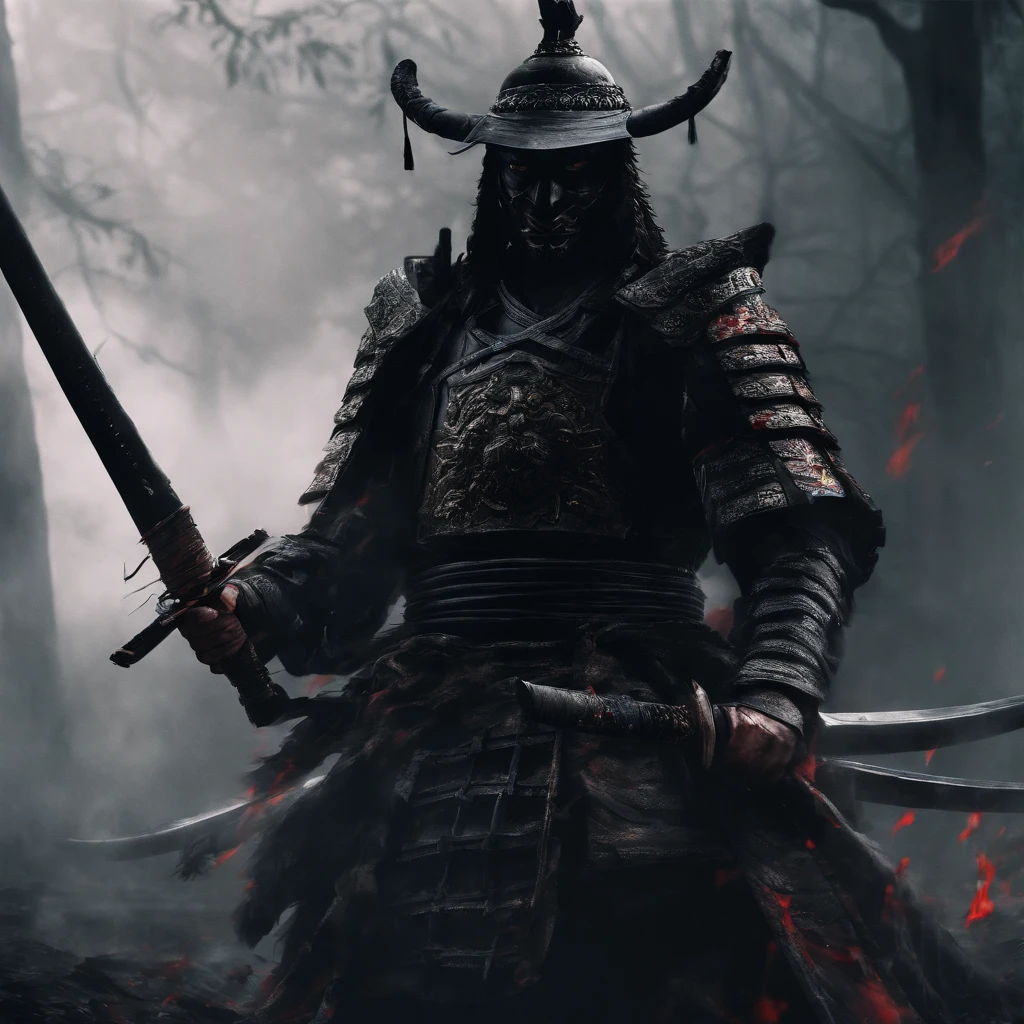 A man in a samurai outfit holding two swords in a forest - SeaArt AI