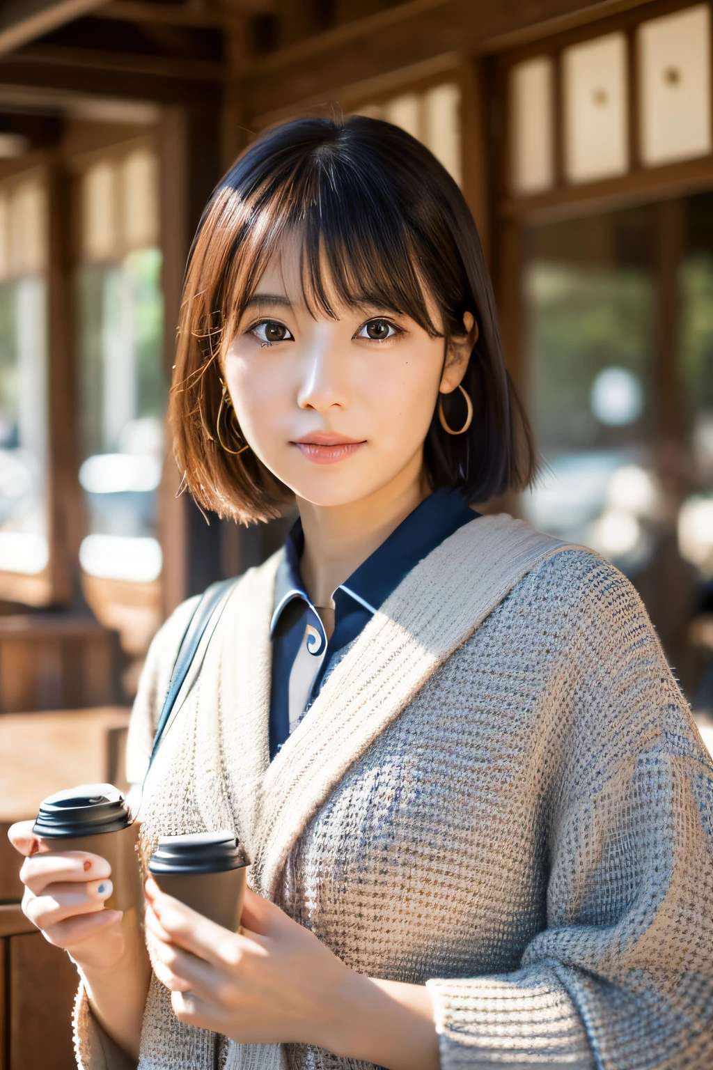 Araffe asian woman holding a cup of coffee and looking at the camera - SeaArt AI