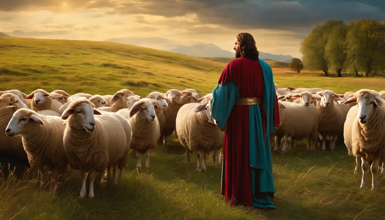 Arafed image of a man in a red robe standing in front of a herd of ...