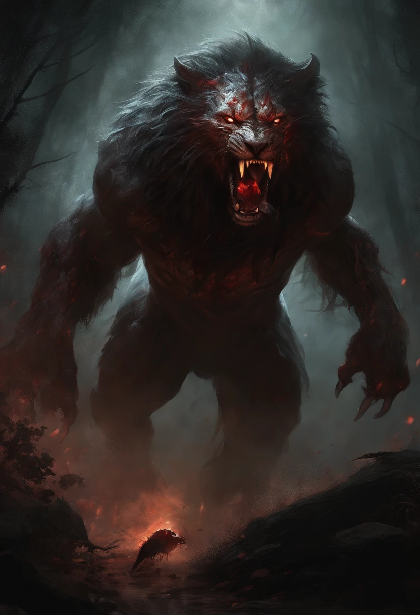 Una gran criatura peluda con ojos rojos y colmillos caminando por un ...