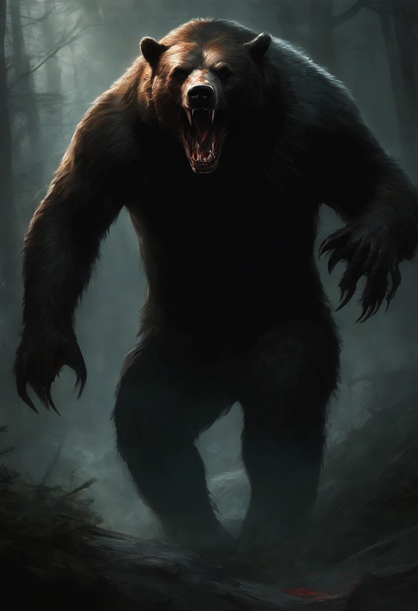A close up of a bear walking in a forest with a dark background - SeaArt AI