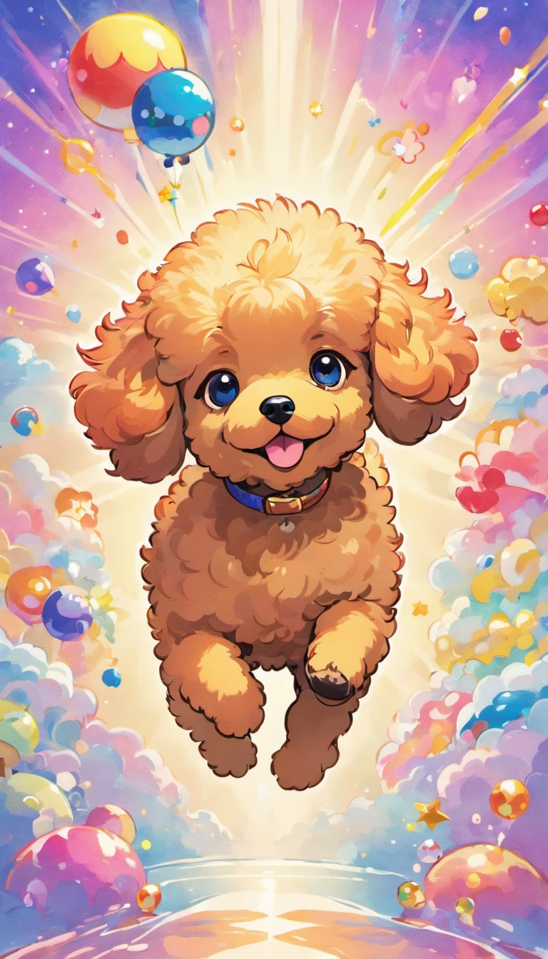 A cartoon poodle dog flying through the air with balloons - SeaArt AI