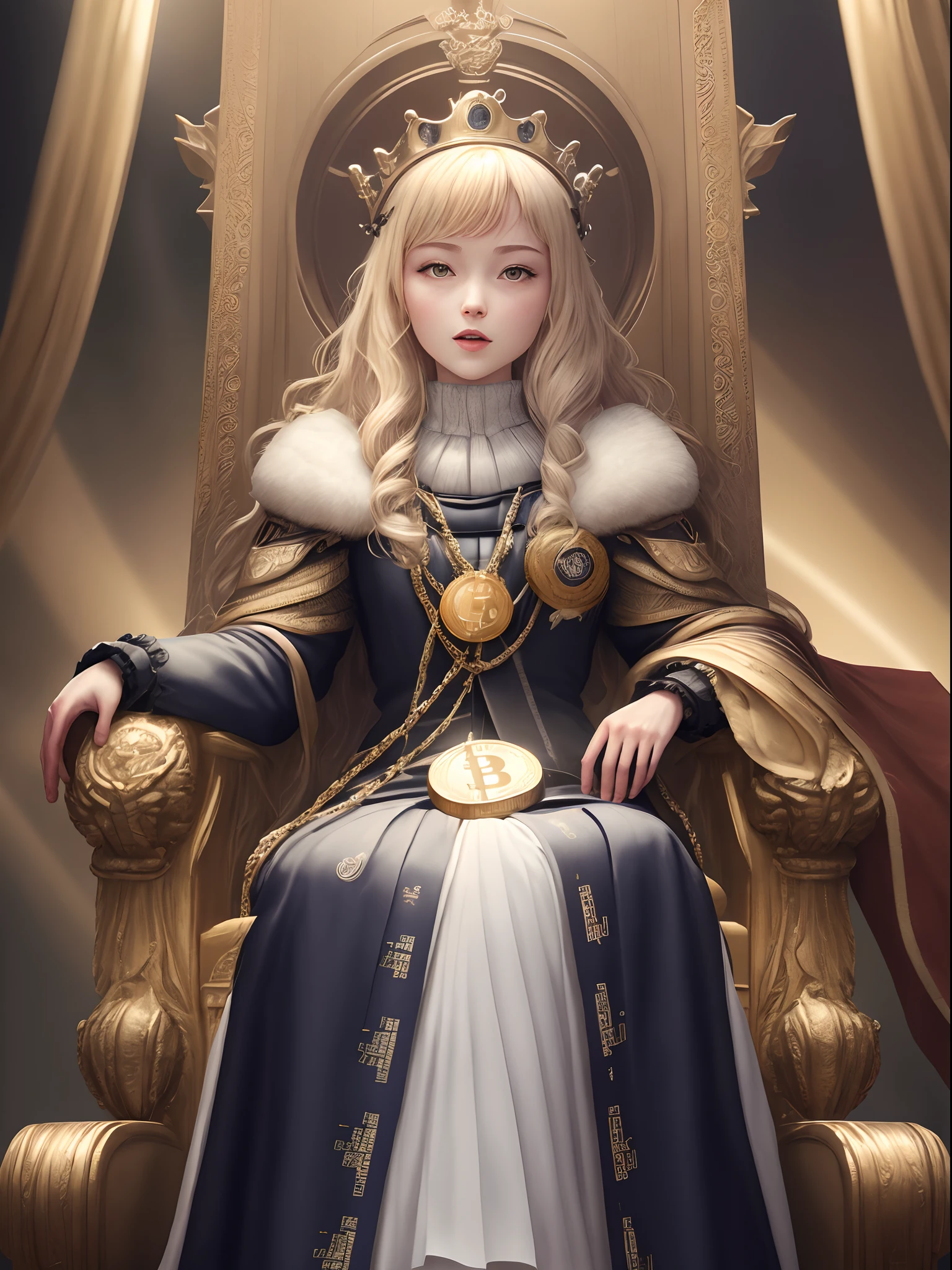 A woman sitting on a throne with a gold medal in her hand - SeaArt AI