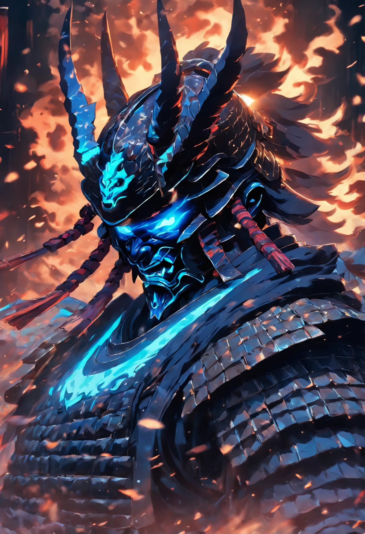 A close up of a demonic looking warrior with a fire in the background ...