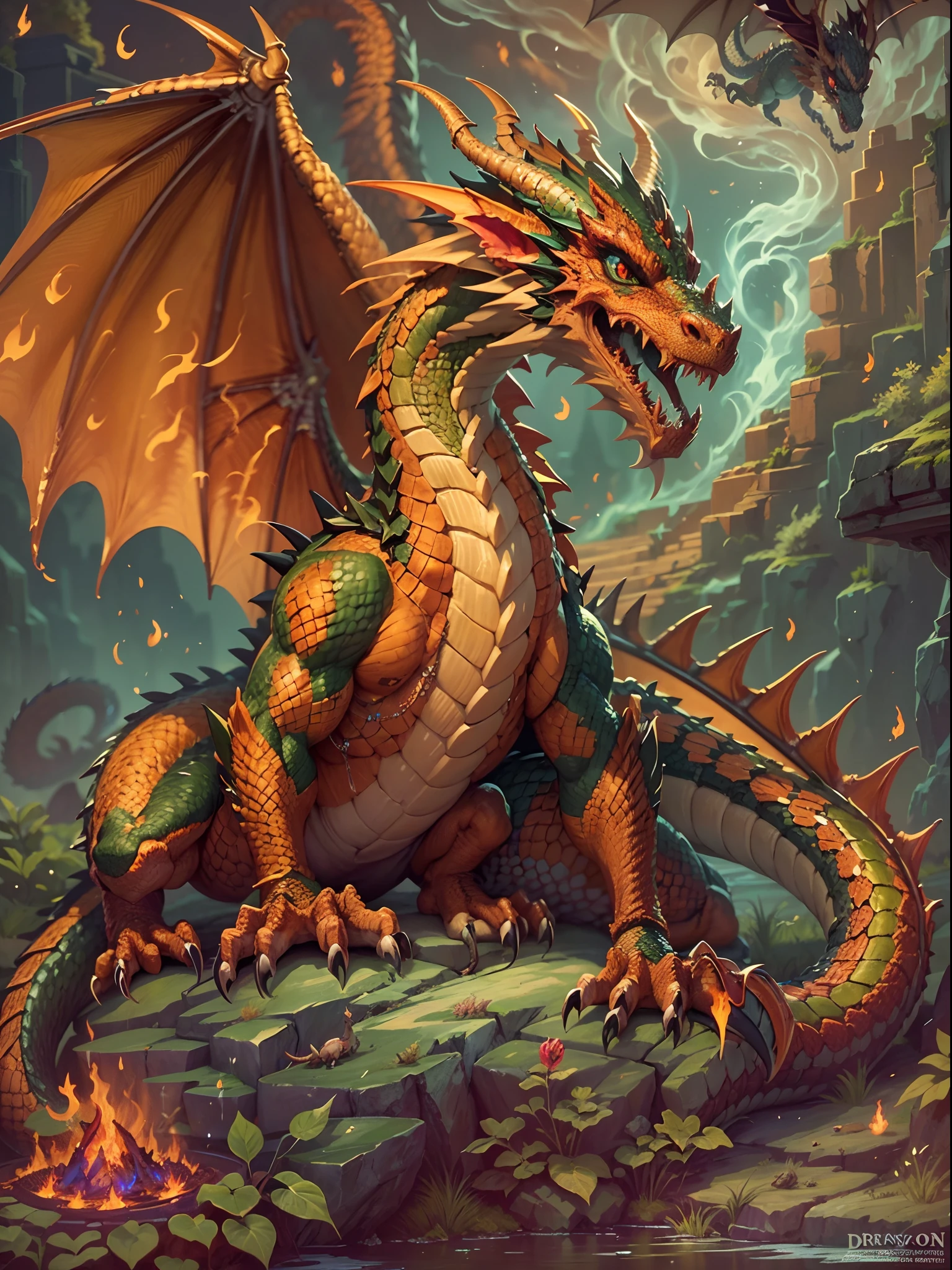 A painting of a dragon sitting on a rock in the woods - SeaArt AI