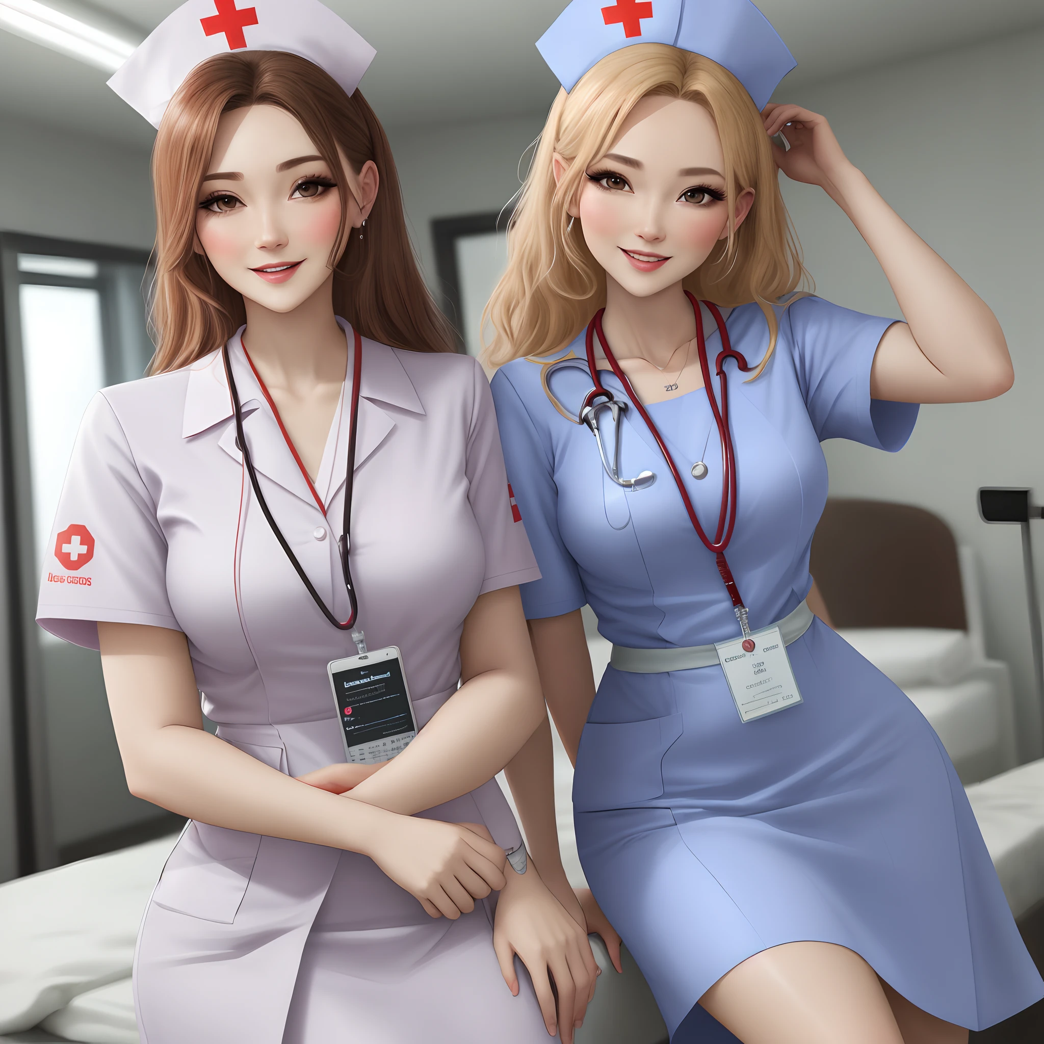 Two women in nurses uniforms posing for a picture in a hospital - SeaArt AI