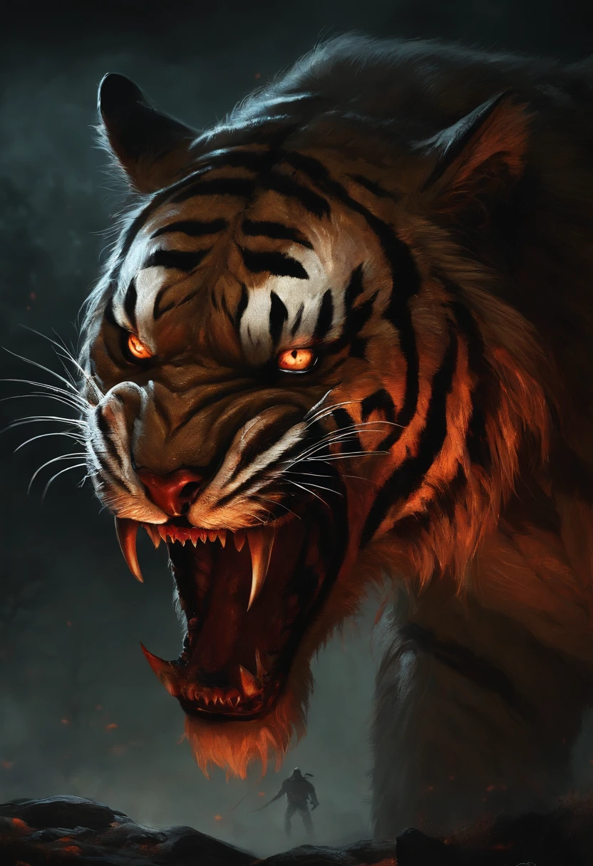 A tiger with its mouth open and glowing eyes - SeaArt AI