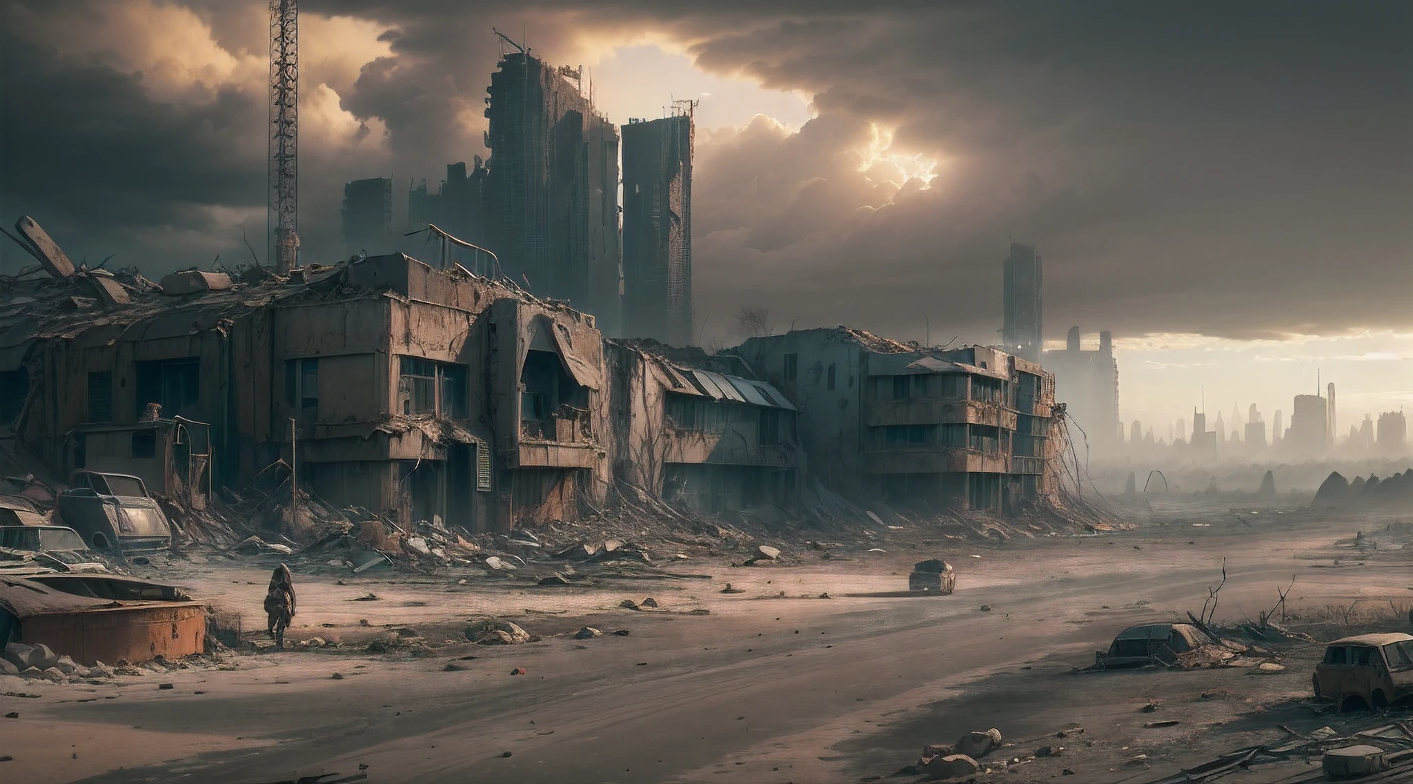 A man walking down a dirt road past a destroyed city - SeaArt AI