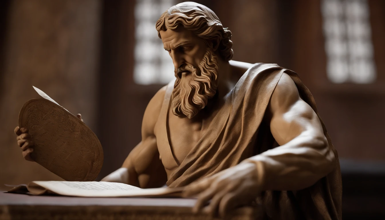 A close up of a statue of a man reading a book - SeaArt AI