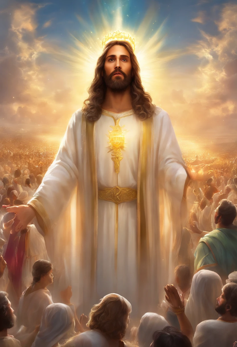 Jesús de pie frente a una multitud de personas con los brazos ...