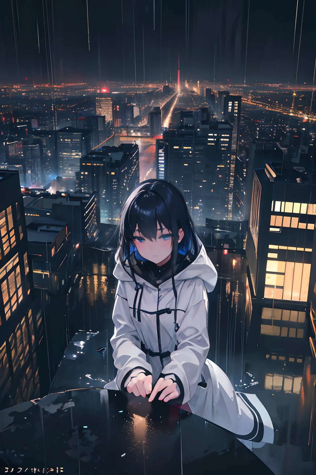 Anime girl sitting on a ledge in the rain - SeaArt AI