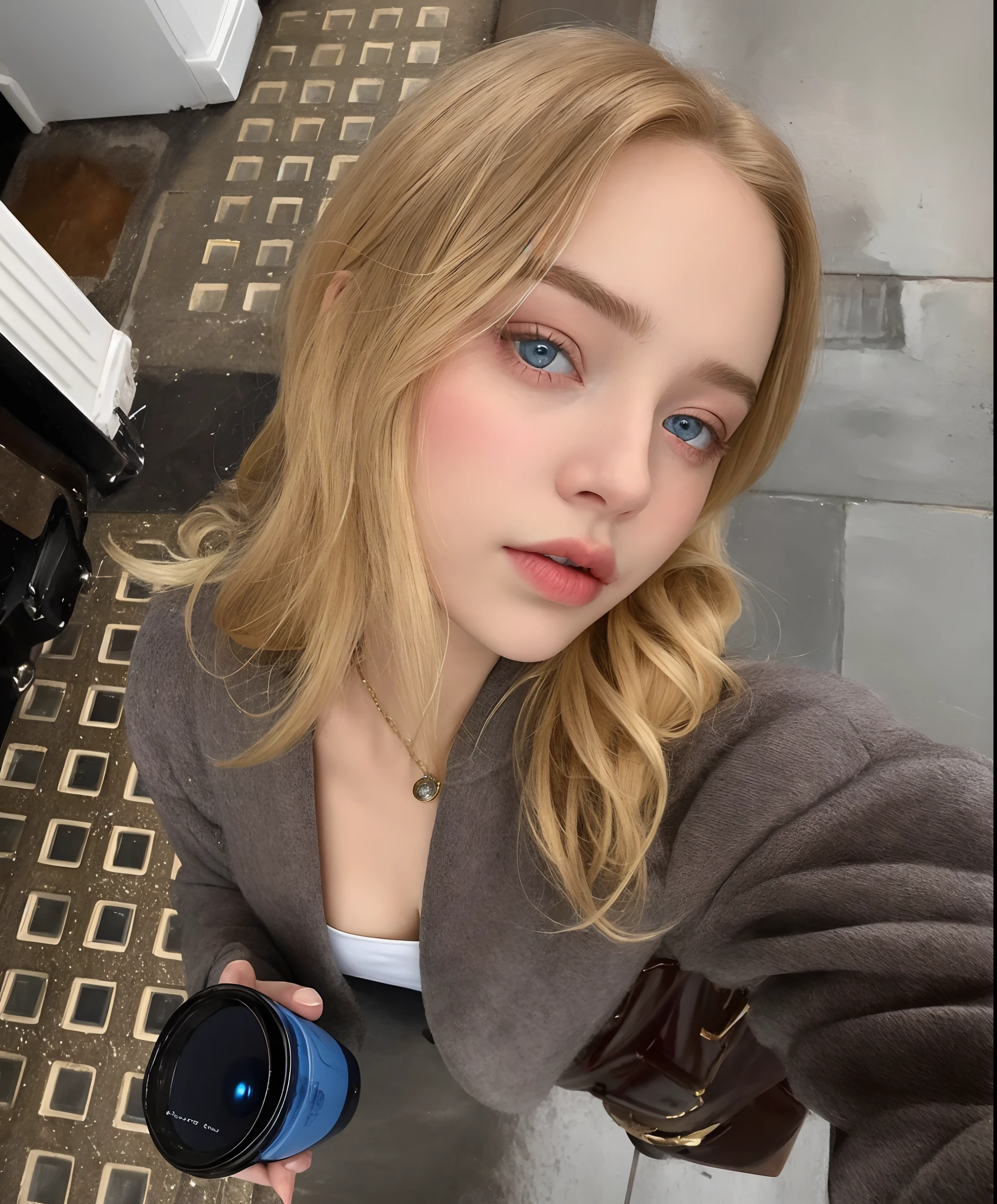 Blond woman with blue eyes holding a camera and taking a selfie - SeaArt AI