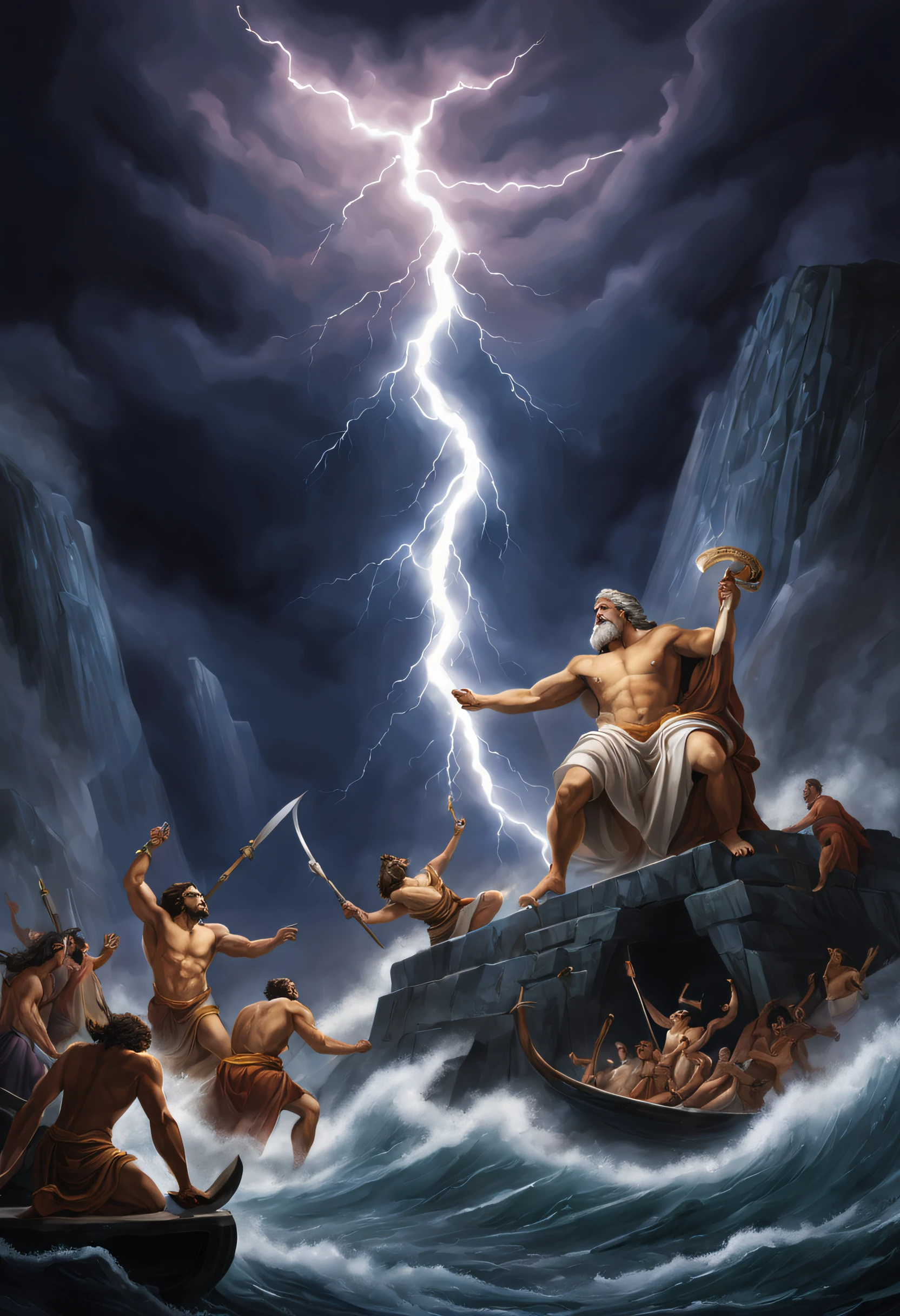 A painting of a storm with a man on a boat in the middle of a storm ...