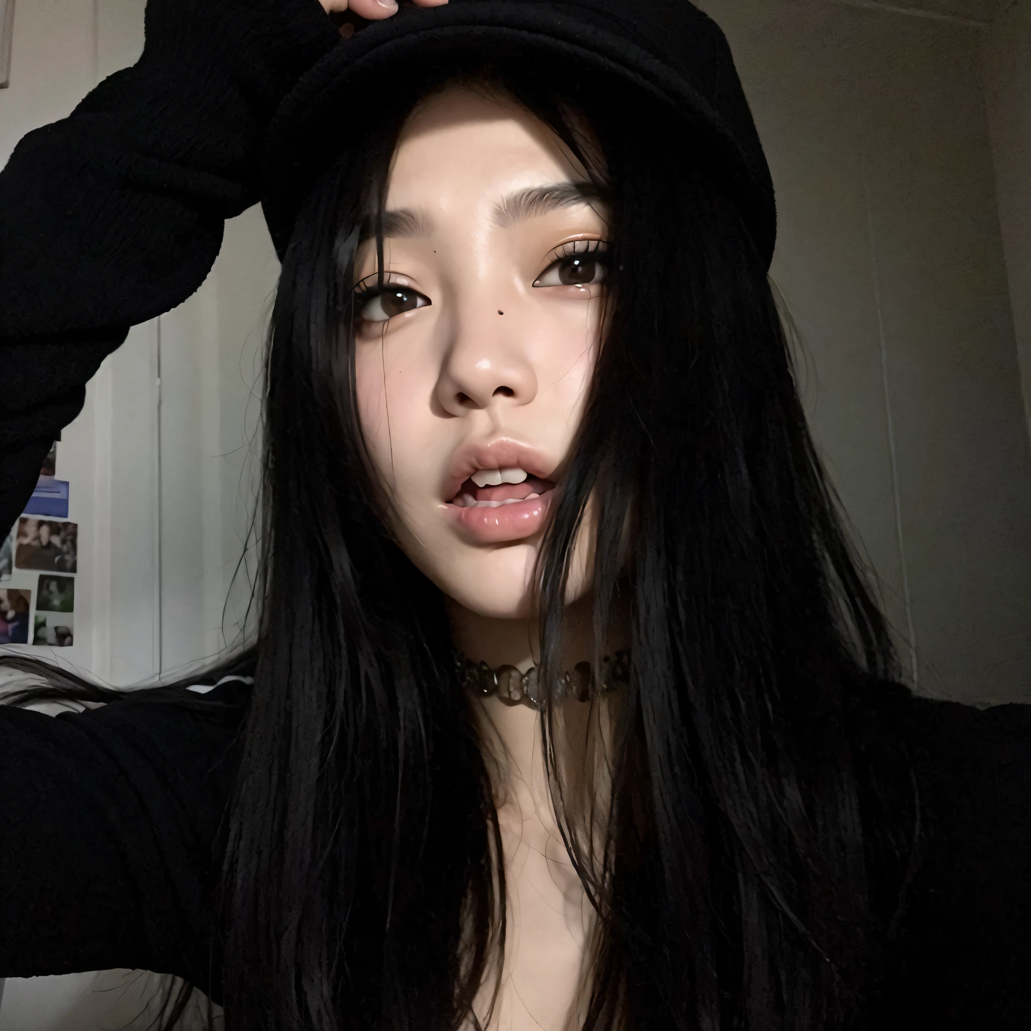 A close up of a woman with long black hair wearing a black hat - SeaArt AI