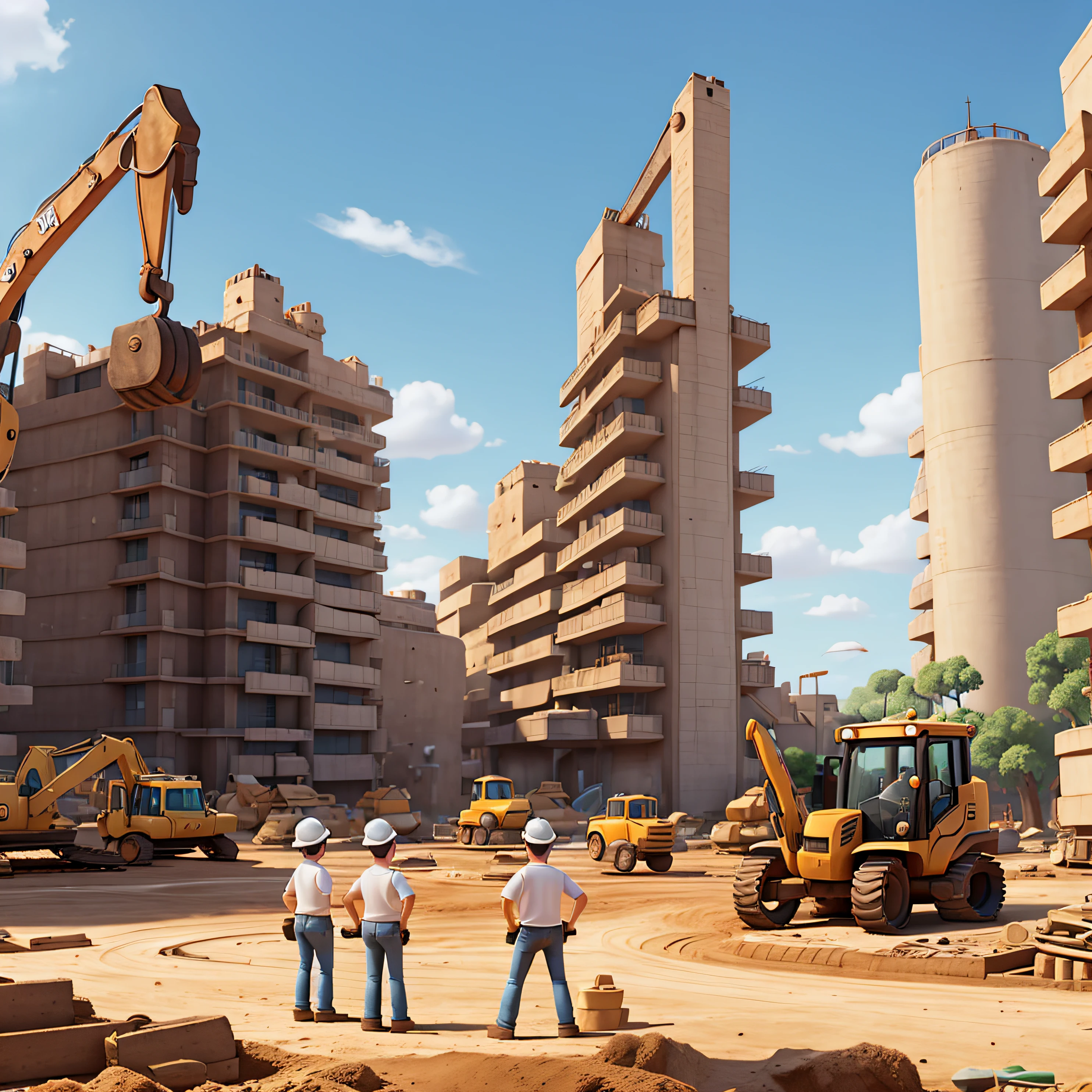 Construction workers standing in front of a construction site with a ...